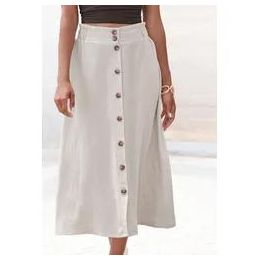 Midirock Lascana, Damen, Gr. 40, beige (sand), Web, Obermaterial: 85% Viskose, 15% Leinen, unifarben, figurumspielend ca. Mitte Wade, Röcke, mit Knopfleiste, Leinenrock, Sommerrock