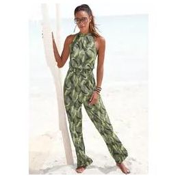 Overall s.Oliver, Damen, Gr. 40, grün (grün bedruckt), Jersey, Obermaterial: 100% Viskose, bedruckt, figurbetont lang, amerikanischer Ausschnitt, Overalls, mit Blätterdruck und breitem Smokeinsatz, sommerlicher Jumpsuit