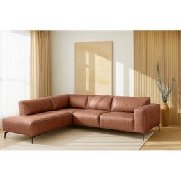 Places of Style Ecksofa »Lorcan, Breite 275 cm, weiches Sitzgefühl« mit schwarzen Metallfüßen, Lederoptik und in weichem Strukturstoff cognac