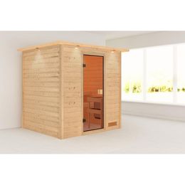 Karibu Sauna »"Ricky" mit bronzierter Tür und Kranz, naturbelassen« aus hochwertiger nordischer Fichte. 9 kW Ofen und integr. Steuerung naturbelassen