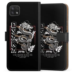 DeinDesign Galaxy A22 5G Handy Klapph&uuml;lle Handyh&uuml;lle aus Kunst Leder schwarz Flip Case Japan Dragon Ocean Sideflip mit langer Lasche