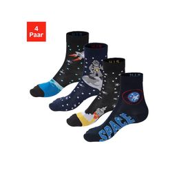 H.I.S. H.I.S Socken Packung, 4 Paar tlg. mit eingestrickten Motiven 2x blau-gemustert, 2x schwarz-gemustert 35-38 35-38 Gemusterte Socken mit Astronauten...