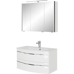 Badmöbel-Set SAPHIR "Serie 7045 2-teilig Mineralmarmor-Waschtisch mit LED-Spiegelschrank", weiß (weiß hochglanz), B:93,2cm H:200cm T:50,1cm, Spanplatte, Kastenmöbel-Sets, Badezimmer-Set 93,2 cm breit, inkl. Türdämpfer, 3 Türen, 2 Schubladen