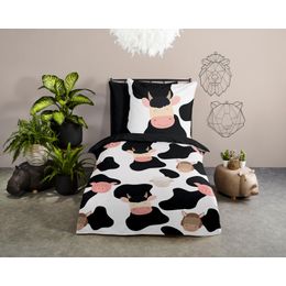 Kinderbettwäsche Good Morning "Marjolijn", schwarz-weiß (schwarz weiß), B/L: 135cm x 200cm, 1 Stk., 1 Stk., Renforcé, B/L: 80cm x 80cm, 2 Stk., Renforcé, Obermaterial: 100% Baumwolle, Bettwäsche, 100% Baumwolle, 135x200, Reißverschluss, Wendeoptik, Kind, Kuh