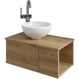Waschtisch SAPHIR "Serie 6915 Waschschale mit Unterschrank für Gästebad, Gäste WC", braun (riviera eiche, riviera eiche, riviera eiche quer nb), B:61cm H:39,8cm T:35cm, Waschtische, 61 cm breit, 2 Türen, offenes Fach, kleine Bäder, ohne Armatur