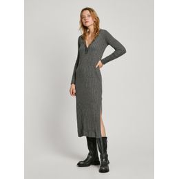 Strickkleid Pepe Jeans "IZABEL DRESS", Damen, Gr. L, N-Gr, grau (dunkelgrau marl), Obermaterial: 49% Baumwolle, 46% Wolle, 5% Acetat, slim fit lang, V-Ausschnitt, Kleider, mit dekorativer Knopfleiste