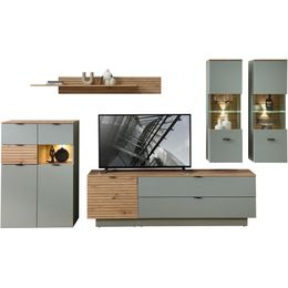 Wohnwand Innostyle "Ina Wohnwand, 340x200x44 cm (B/H/T)", schilfgrün, artisan eiche, ABS-Kunststoff, Glas, Holzwerkstoff, MDF, Metall, Kastenmöbel-Sets