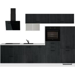 Küchenzeile IMPULS KÜCHEN ""München", Ausrichtung wählbar, Schubkästen mit Soft-Close", küche: schwarz, front: eiche, nachbildung schwarz, korpus: weiß, arbeitsplatte: weiß, B:300cm H:213,4cm T:60cm, Komplettküchen-Sets, vormontiert, wahlweise mit E-Geräten
