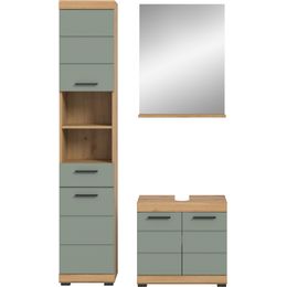 Badmöbel-Set Inosign "Siena, 3 teilig, bestehend aus:", grün (artisan eiche nb, salbei nb), B:112cm H:191cm T:34cm, Holzwerkstoff, MDF, Kastenmöbel-Sets, Hochschrank, Waschbeckenunterschrank, Spiegel