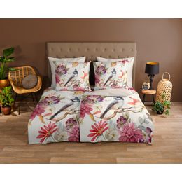Wendebettwäsche Good Morning "Inga", beige (sand), B/L: 155cm x 220cm, 1 Stk., 1 Stk., Renforcé, B/L: 80cm x 80cm, 2 Stk., Renforcé, Obermaterial: 100% Baumwolle, Bettwäsche, 100% Baumwolle, 135x200, Reißverschluss, Wendeoptik, Vogel Blume, Sand