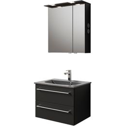Badmöbel-Set SAPHIR "Serie 6025 2-teilig Mineralmarmor-Waschtisch mit LED-Spiegelschrank", schwarz (schwarz matt select), B:67cm H:200cm T:48cm, Spanplatte, Kastenmöbel-Sets, Waschplatz 67 cm breit, 2 Schubladen, 2 Spiegel-Türen, inkl Türdämpfer