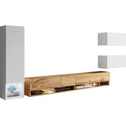 Wohnwand Inosign "Amadeo", weiß (weiß, votan eichefarben), B:290cm H:130cm T:31cm, Kastenmöbel-Sets