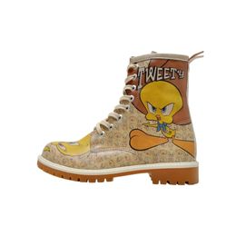 Schnürboots DOGO "Wb Longe Boots Schnürstiefel Tweety With Roses Damen", Damen, Gr. 38, Normalschaft, bunt (braun, gelb), Lederimitat, Schuhe, Handgefertigt