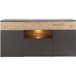 Sideboard FORTE "Como", grau (grau, eichefarben), B:194,8cm H:94,5cm, Sideboards, Kommode, Stauraumschrank, LED Beleuchtung, Soft Close, Stauraum