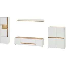 Wohnwand Inosign "Giron", weiß (weiß, wotan eiche), B:350cm H:155cm T:45cm, Holzwerkstoff, Kastenmöbel-Sets, Moderne Wohnwand Wohnwand