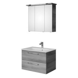 Badmöbel-Set SAPHIR "Trentino 2-tlg. Mineralmarmor-Waschtisch,Spiegelschrank mit LED-Profil", grau (graphit struktur quer nb), Kastenmöbel-Sets, Badmöbel-Set 77cm breit, inkl. Türdämpfer, 3 Türen, 2 Auszügen