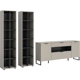 Wohnwand Inosign "ADIO, Breite 305 cm, 3-teiliges Set, mit Metall-Kufenfüße", kashmir nb, schwarz, B:305cm H:192cm T:41cm, Spanplatte, Kastenmöbel-Sets, Kombination, Anbauwand, Set, Wohn-Set, Wohnzimmer-Set, Schrankwand