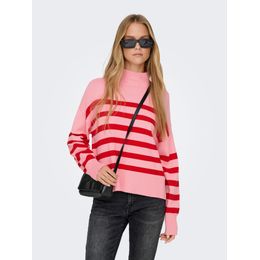Stehkragenpullover Only "ONLBARI L/S HIGHNECK KNT", Damen, Gr. S (36), rosa (quartz pink stripes:adrenaline rush), Strick, Obermaterial: 51% Viskose, 26% Polyester, 23% Nylon, gestreift, regular fit normal, hoch geschlossener Ausschnitt, Pullover