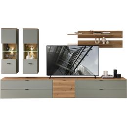 Wohnwand Innostyle "Ina Wohnwand, 340x185x44 cm (B/H/T)", schilfgrün, artisan eiche, ABS-Kunststoff, Glas, Holzwerkstoff, MDF, Metall, Kastenmöbel-Sets