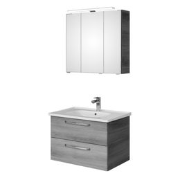 Badmöbel-Set SAPHIR "Trentino 2-teilig Keramik-Waschtisch, Spiegelschrank mit LED-Leuchte", grau (graphit struktur quer nb), Kastenmöbel-Sets, Badmöbel-Set 79cm breit, inkl. Türdämpfer, 3 Türen, 2 Auszügen