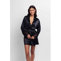 Kimono Dorina "LYRA-SATIN", Damen, Gr. L, schwarz, Satin, unifarben, Midilänge, Hausmäntel, mit zarten Spitzendetails