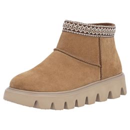 Winterboots RIEKER SPORT, Damen, Gr. 36, hellbraun, Veloursleder, ethno, Schuhe, Plateauboots, Stiefelette mit Textileinfass im Ethno-Look
