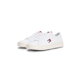 Plateausneaker Tommy Jeans "TJW LIGHTWEIGHT COURT SNEAKER", Damen, Gr. 36, weiß, Leder, unifarben mit Farbeinsatz, Schuhe, Freizeitschuh, Halbschuh, Schnürschuh mit plakativer Logoflag