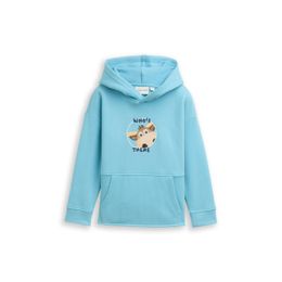 Hoodie Tom Tailor, Jungen, Gr. 104/110, elixir blau, Sweatware, Obermaterial: 70% Baumwolle, 30% Polyester, bedruckt, normal hüftbedeckend, Rundhals, Flachstrickbündchen, Sweatshirts, mit Elch-Frontprint und Rückenprint, für Kids