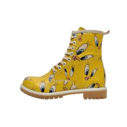 Schnürboots DOGO "Wb Longe Boots Schnürstiefel Tweety With Roses Damen", Damen, Gr. 38, Normalschaft, gelb (gelb, weiß), Lederimitat, Schuhe, Handgefertigt