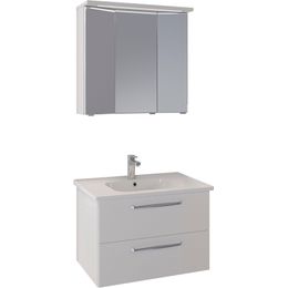 Badmöbel-Set SAPHIR "Trentino 2-teilig Keramik-Waschtisch mit LED-Spiegelschrank", weiß (weiß hochglanz), Kastenmöbel-Sets, Badmöbel-Set 79cm breit, inkl. Türdämpfer, 3 Türen, 2 Auszügen