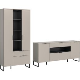 Wohnwand Inosign "ADIO, Breite 290 cm, 2-teiliges Set, mit Metall-Kufenfüße", kashmir nb, schwarz, B:290cm H:192cm T:41cm, Spanplatte, Kastenmöbel-Sets, Kombination, Anbauwand, Set, Wohn-Set, Wohnzimmer-Set, Schrankwand