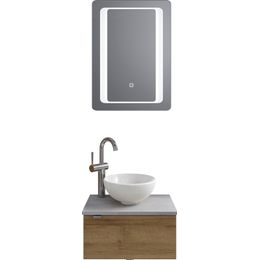 Badmöbel-Set SAPHIR "Serie 6915", grau (riviera eiche, oxid hellgrau), B:51cm H:200cm T:35cm, Kastenmöbel-Sets, Gäste-Bad, 51 cm breit, mit LED-Spiegel und 1 Tür