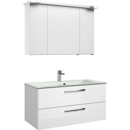 Badmöbel-Set SAPHIR "Trentino 2-teilig Glas-Waschtisch, Spiegelschrank mit LED-Leuchte", weiß (weiß hochglanz), Kastenmöbel-Sets, Badmöbel-Set 107cm breit, inkl. Türdämpfer, 3 Türen, 2 Auszügen