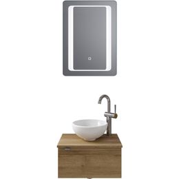Badmöbel-Set SAPHIR "Serie 6915", braun (riviera eiche, riviera eiche), B:51cm H:200cm T:35cm, Kastenmöbel-Sets, Gäste-Bad, 51 cm breit, mit LED-Spiegel und 1 Tür
