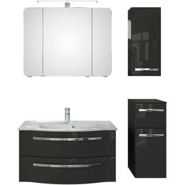 Badmöbel-Set SAPHIR "Serie 4005, vormontiert, Glaswaschbecken, Spiegelschrank", grau (lack steingrau hgl, quarzgrau hgl), Holzwerkstoff, Kastenmöbel-Sets, Badezimmer-Set mit Unterschrank, Hängeschrank, Midischrank, Türdämpfer