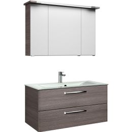 Badmöbel-Set SAPHIR "Trentino 2-teilig Glas-Waschtisch, Spiegelschrank mit LED-Leuchte", grau (graphit struktur quer nb), Kastenmöbel-Sets, Badmöbel-Set 107cm breit, inkl. Türdämpfer, 3 Türen, 2 Auszügen