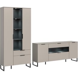 Wohnwand Inosign "ADIO, Breite 290 cm, 2-teiliges Set, mit Metall-Kufenfüße", kashmir nb, schwarz, B:290cm H:192cm T:41cm, Spanplatte, Kastenmöbel-Sets, Sideboard inkl Beleuchtung, Kombination, Anbauwand, Set, Wohnzimmerset