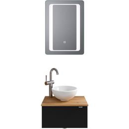 Badmöbel-Set SAPHIR "Serie 6915", schwarz (schwarz matt select, halifax eiche), B:51cm H:200cm T:35cm, Kastenmöbel-Sets, Gäste-Bad, 51 cm breit, mit LED-Spiegel und 1 Tür
