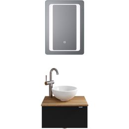 Badmöbel-Set SAPHIR "Serie 6915", schwarz (schwarz matt select, riviera eiche), B:51cm H:200cm T:35cm, Kastenmöbel-Sets, Gäste-Bad, 51 cm breit, mit LED-Spiegel und 1 Tür