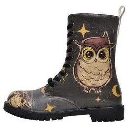 Schnürboots DOGO "Zipsy High-Top Boots Owls Family Damen Stiefeletten", Damen, Gr. 38, Normalschaft, schwarz, Lederimitat, Schuhe Schnürboots Boots, Handgefertigt