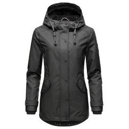 Regenjacke Navahoo "Lindraa", Damen, Gr. M (38), schwarz, Oberstoff: 60% Polyvinylchlorid, 30% Polyester, 10% Polyurethan, Futter: 100% Polyester, Wattierung: 100% Polyester, Ärmelfutter: 100% Polyester, figurbetont Po-bedeckend, Ärmel ohne Ärmelschlitz Rippstrickbündchen mit Knöpfen, Jacken, stylische wasserdichte Outdoorjacke mit Teddyfell