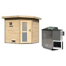 Saunahaus Karibu "Tore", beige (naturbelassen), Bio-Ofen, externe Steuerung, 9 kW, Saunen, Milchglastür, Ofen 9 kW Bio externe Strg easy