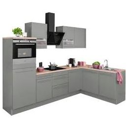 Winkelküche Optifit "Bern mit Hanseatic-E-Geräten", grau (küche: grau, front: basaltgrau, korpus: basaltgrau, arbeitsplatte: akaziefarben), B:285cm T:60cm, Komplettküchen-Sets, Stellbreite 285x175 cm, mit Induktionskochfeld, Soft-Close