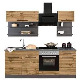 Küchenzeile KOCHSTATION "KS-Tulsa", braun (küche: natur, korpus: grafit, arbeitsplatte: anthrazit), B:210cm T:60cm, Komplettküchen-Sets, mit E-Geräten, Breite 210 cm, schwarze Metallgriffe, MDF Fronten