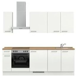 Küchenzeile Nobilia ""Laser I", Ausrichtung wählbar, Breite 240 cm", weiß (küche: weiß, korpus: alpinweiß, arbeitsplatte: eiche havanna nachbildung), B:240,3cm H:216,6cm T:60cm, Komplettküchen-Sets, vormontiert, wahlw. mit unterschiedlichen E-Geräten-Sets