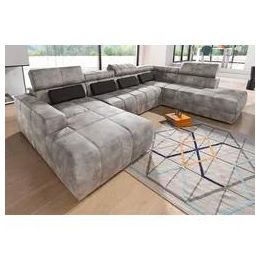 Wohnlandschaft DOMO collection "Brandon, whlw. mit Sitztiefenverstellung, inkl. Nierenkissen", grau (grau, braun), B:359cm H:80cm T:228cm, Kunstleder SOFTLUX;Luxus-Microfaser in Antikleder-Optik (100% Polyester);Luxus-Microfaser (100% Polyester), Sofas, mit Kopfteilverstellung, wahlweise Sitztiefenverstellung, U-Form