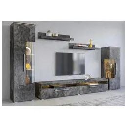 Wohnwand Inosign "India,Breite 290cm moderne Mediawand ohne Beleuchtung", grau (schieferfarben), ABS-Kunststoff, Glas, Holzwerkstoff, Kunststoff, Metall, Kastenmöbel-Sets, Anbuwand (Set,5-St, 2xVitrine, 1TV-Schrank, 2xWandregal) viel Stauraum