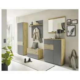 HBZ-MEBLE Garderoben-Set HBZ "5-tlg. Eiche Stripes Optik Flurgarderobe Stellmaß BxHxT 260x197x38 cm", grau (artisan eiche, grau), B:260cm H:197cm T:38cm, Holzwerkstoff, Kastenmöbel-Sets, Mit Schuhkommode, Hochschrank, Bank, Paneel, Spiegel