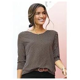 Rundhalsshirt Vivance "mit goldfarbenem Zierknopf am Ausschnitt", Damen, Gr. 32/34, schwarz, Obermaterial: 95% Viskose (LENZINGTM ECOVEROTM), 5% Elasthan, bedruckt, figurumspielend normal, Rundhals, Shirts, aus weichem Viskose-Stretch, Topseller