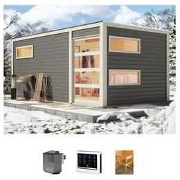Saunahaus Konifera "Hagen", grau (terragrau), Bio-Ofen, externe Steuerung, 9 kW, Saunen, terragrau, mit Ofen 9 kW Bio externe Strg easy